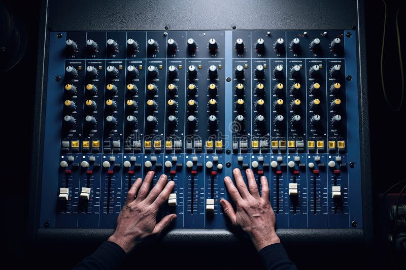 Sound Engineer Working on Mixing Console in Studio, Closeup of Hands ...