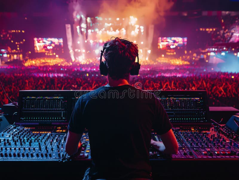 Sound Engineer Working at Mixing Panel on a Big Concert Stock ...