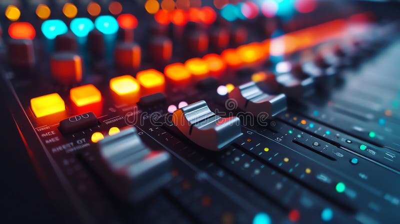 Sound Mixing Board with Glowing Buttons, Close-up Shot, Bright and ... Sound Mixing Board with Glowing Buttons, Close-up Shot, Bright and ...