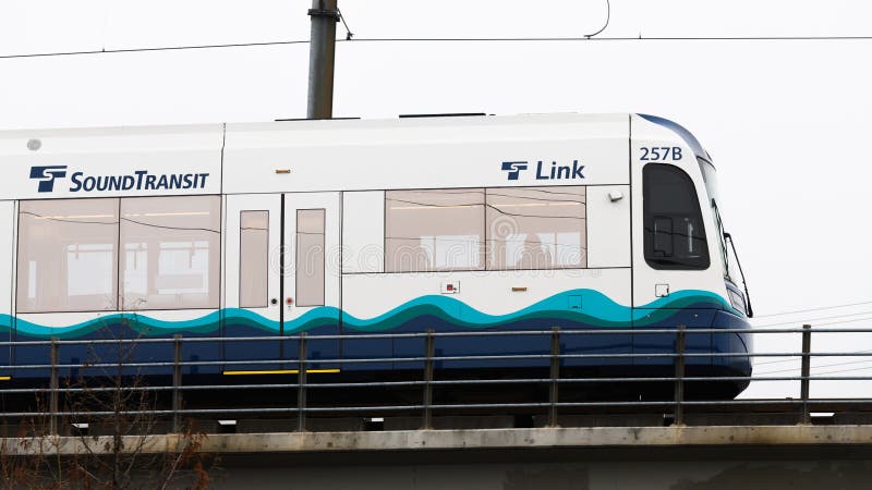 Sound Transit Link Light Rail Train on Elevated Track Passing by ...