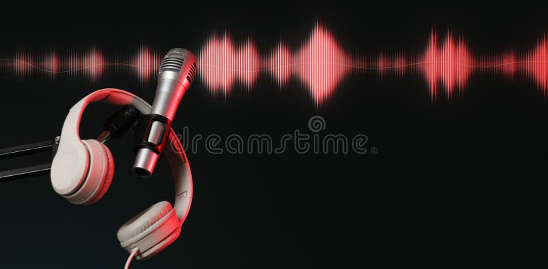 Sound Wave, Microphone and Headphones on Black Background. Banner ...