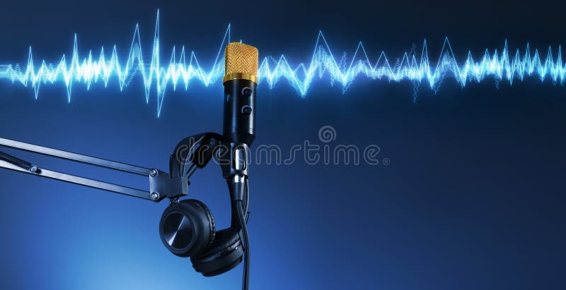 Sound Wave, Microphone and Headphones on Blue Gradient Background ...