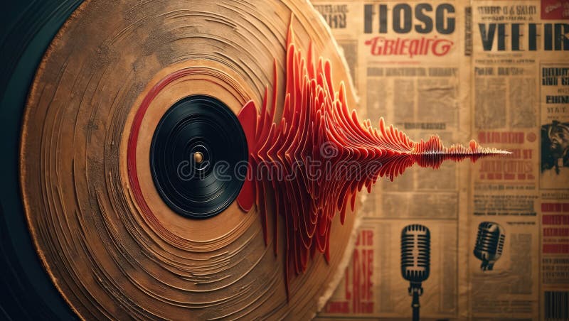 Sound Wave Visualization Emerging from a Vintage Record on a Textured ...