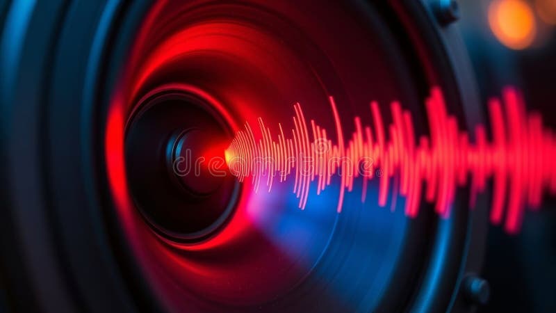 Red Sound Waves Emanating from a Speaker, Accompanied by Vibrant ...