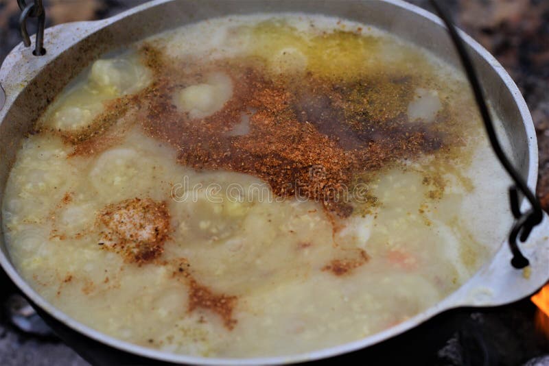 Soup in a Cauldron on a Fire with Spices Stock Photo - Image of fire ...