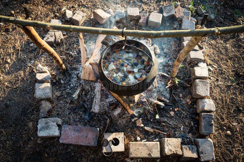 Campfire Cooking. View from Above. Stock Image - Image of saucepan ...