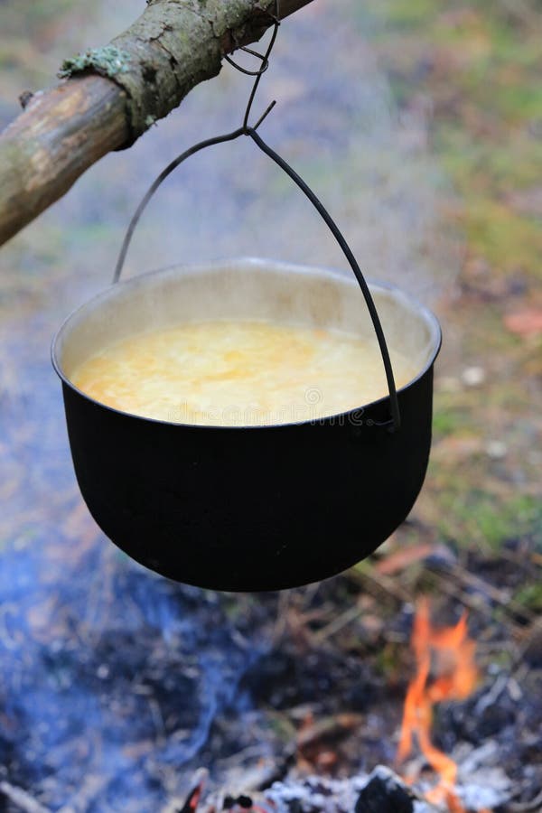 Soup is Cooked in Smoked Tourist Kettle Stock Photo - Image of ...