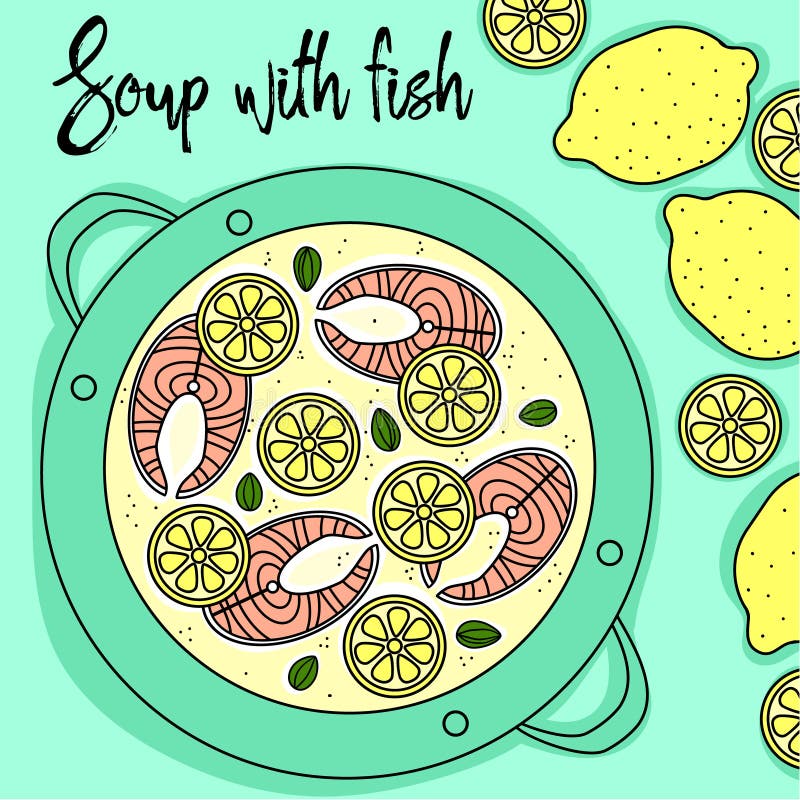 Soup with Fish and Lemon Hand Draw Stock Vector - Illustration of ...