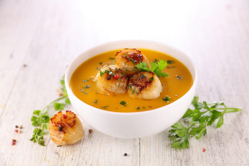 Soup with scallop stock photo. Image of gastronomy, fish - 199762420