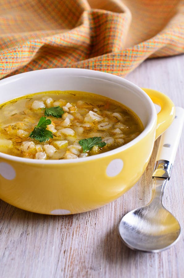 Soup with pearl barley stock image. Image of cooked, barley - 48389371
