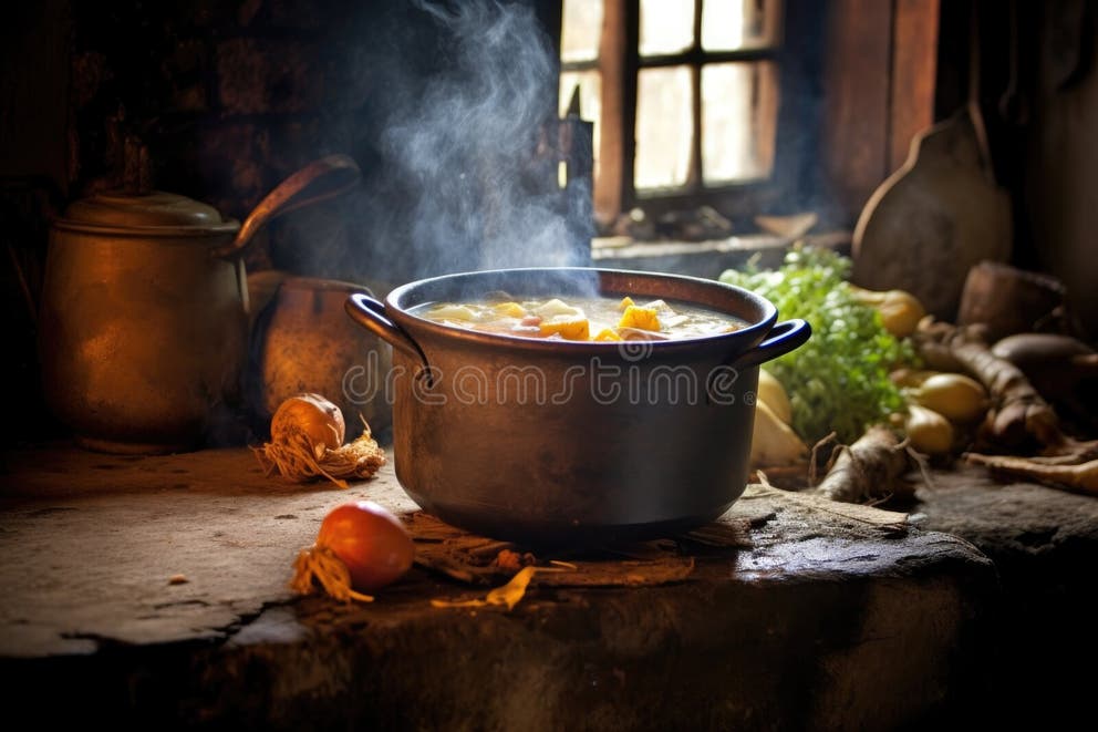 Soup Pot Simmering on a Rustic Stove Stock Illustration - Illustration ...