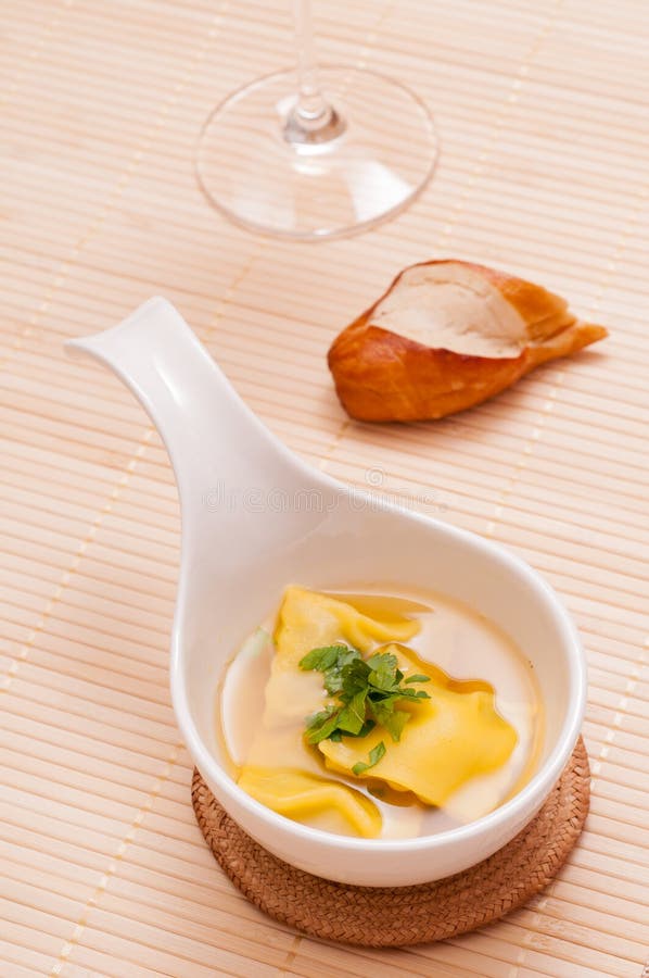 Soup with Swabian Pockets and Pretzel Roll Stock Photo - Image of soups ...