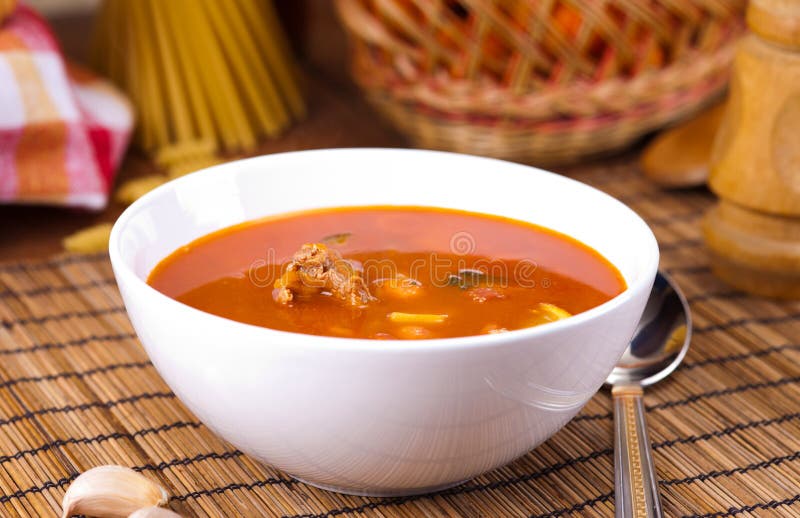 Soup on table stock image. Image of tablecloth, brown - 23392459