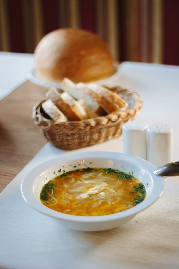 Soup at White Ceramic Plate at the Table. Stock Photo - Image of potato ...