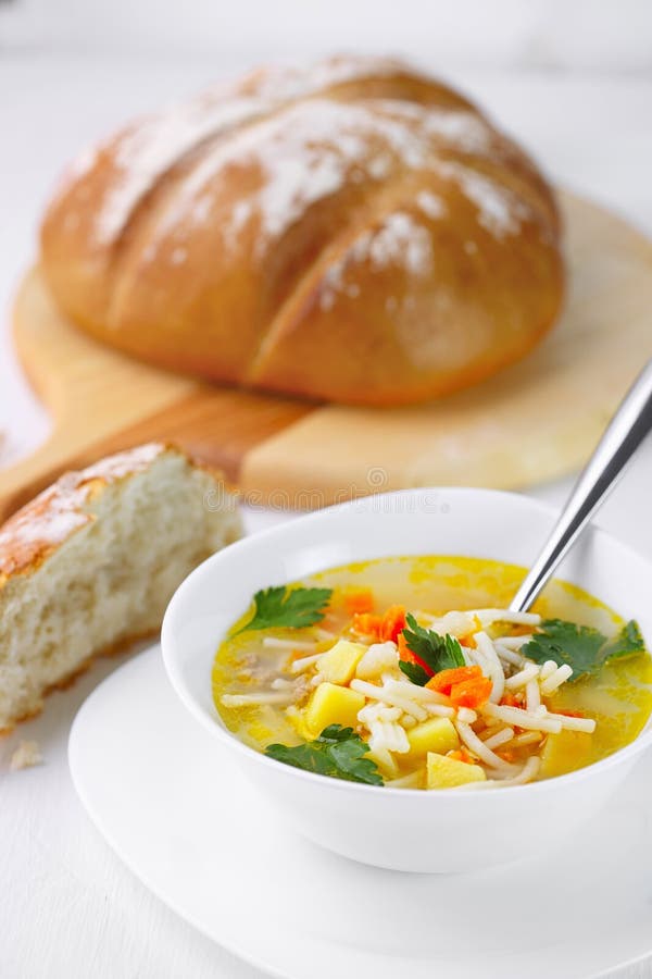 Soup on a wooden table. stock photo. Image of dinner - 67361814