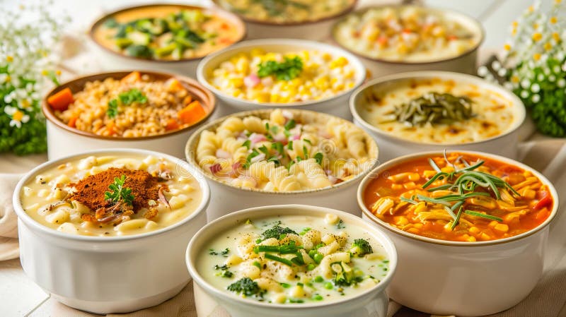 Soups in White Bowls with Different Toppings Stock Image - Image of ...