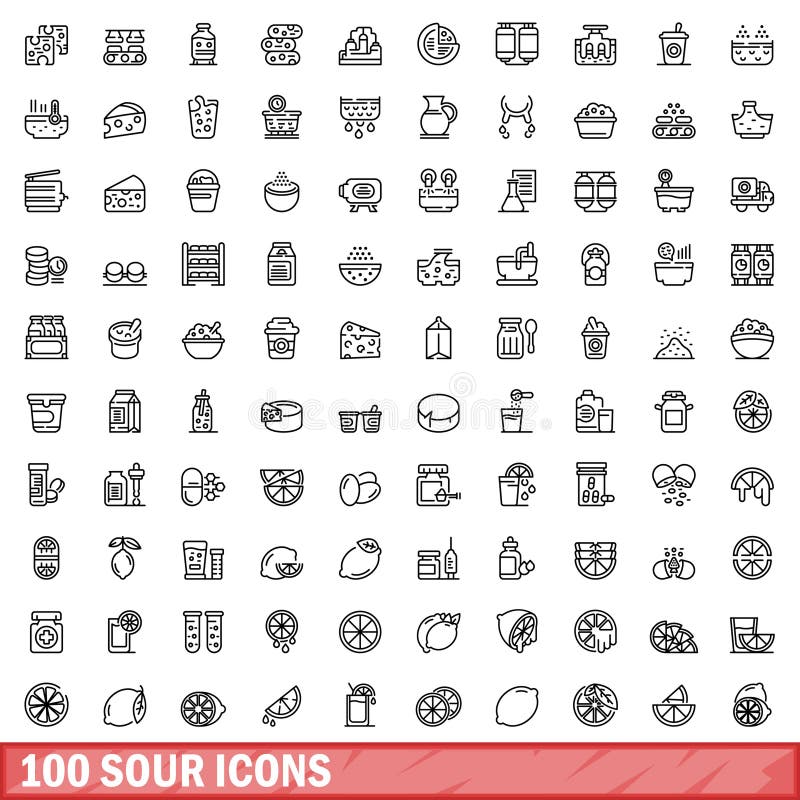 100 Sour Icons Set, Outline Style Stock Illustration - Illustration of ...
