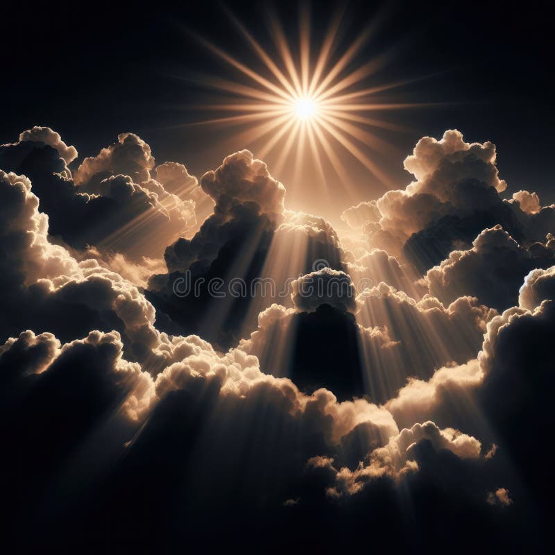 A Source of Light Shining in the Dark Sky, Above the Clouds. Stock ...