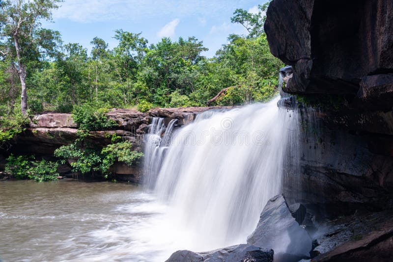 The Source of the River in the Forest. Waterfall with Forest in the ...