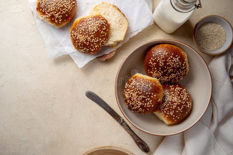 Sourdough Buns in a Baking Round Pan, Top View, Copy Space Stock Photo ...
