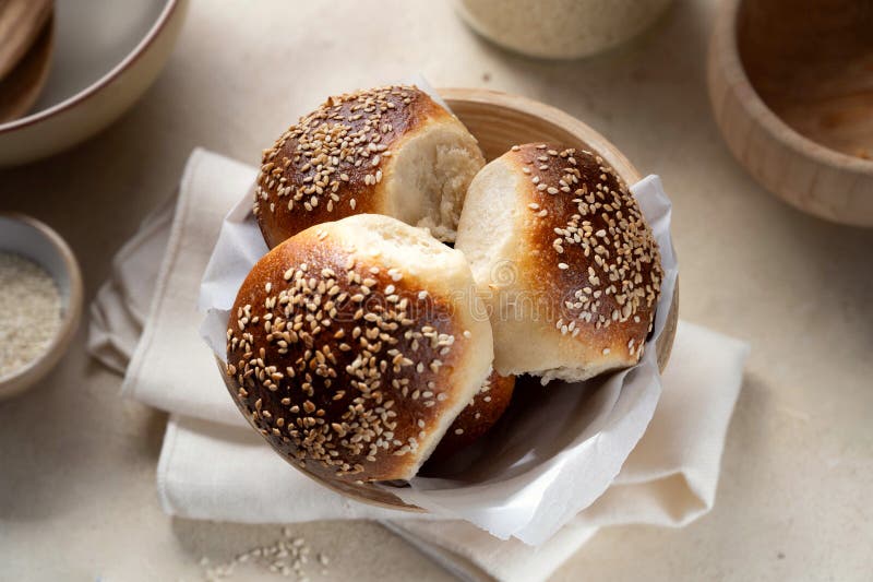 Sourdough Buns in a Bowl, Top View Stock Photo - Image of crust, bread ...