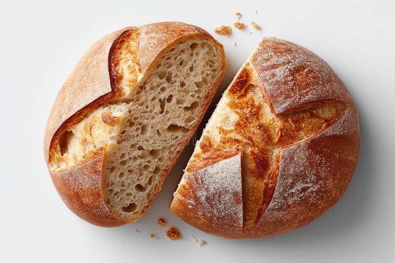 Sourdough Round Cut in Half Reveals Airy Crumb Structure. Clean White ...