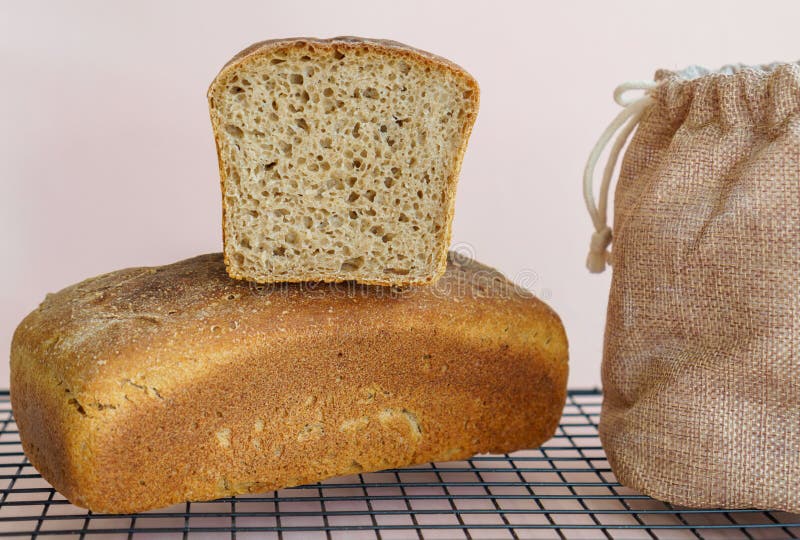 Sourdough Rye Bread Rectangular Brick Shape. a Canvas Bag of Flour on a ...