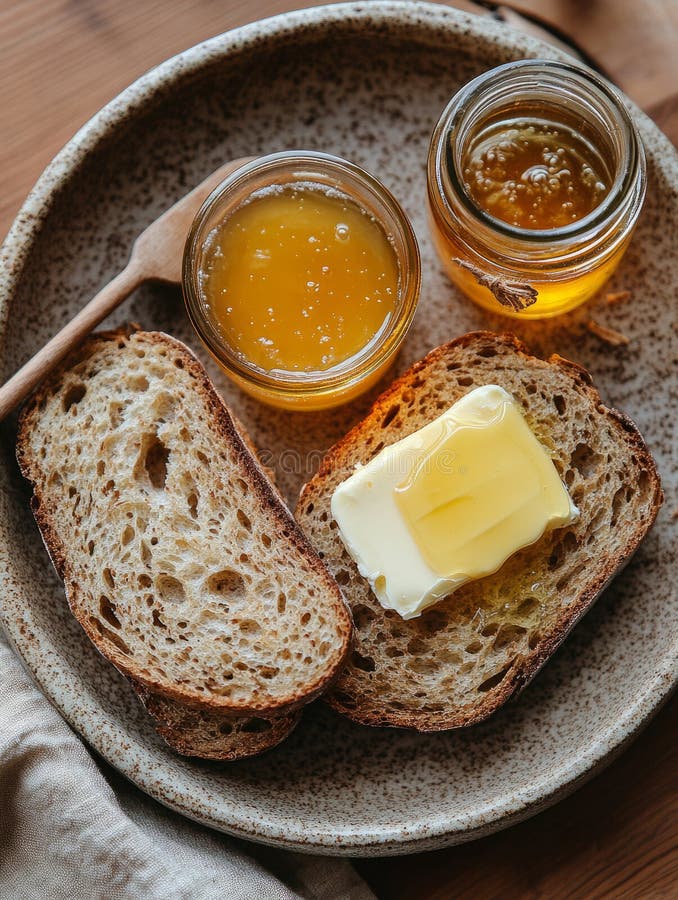 Sourdough Toast with Butter and Honey Jars on a Plate. Stock Photo ...
