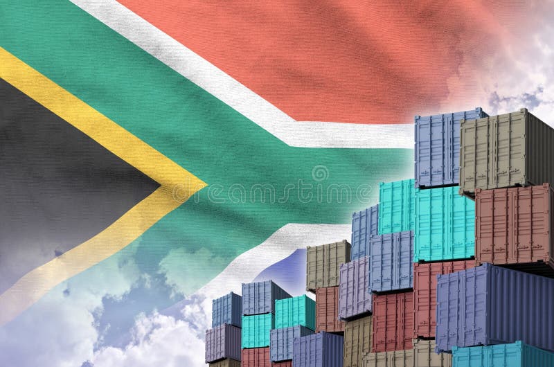 South Africa Flag and Big Stack of Shipping Cargo Containers in Docks ...
