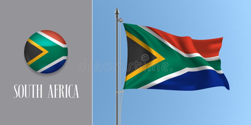 South Africa Waving Flag On Flagpole And Round Icon Vector Illustration