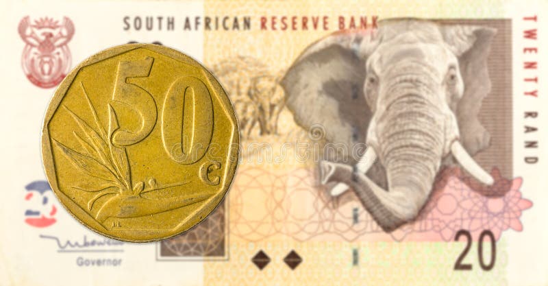 5 Rand Coin Against 20 South African Rand Bank Note Obverse Stock Image ...