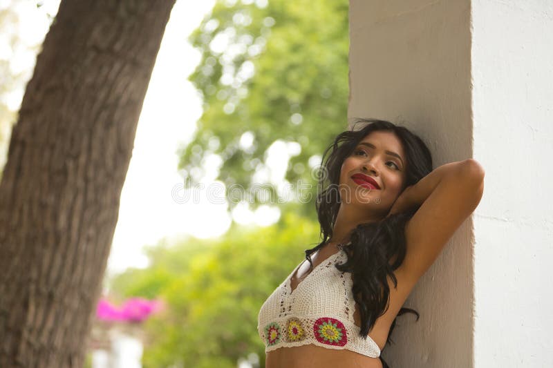 South American Woman, Young, Beautiful, Brunette, with Crochet Top and ... South American Woman, Young, Beautiful, Brunette, with Crochet Top and ...