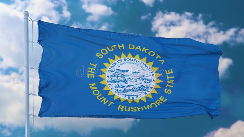 South Dakota Flag on a Flagpole Waving in the Wind, Blue Sky Background ... South Dakota Flag on a Flagpole Waving in the Wind, Blue Sky Background ...