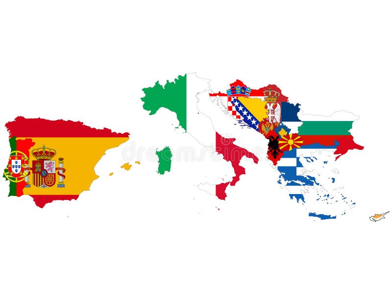 South Europe Countries with National Flag on White Background Stock ...