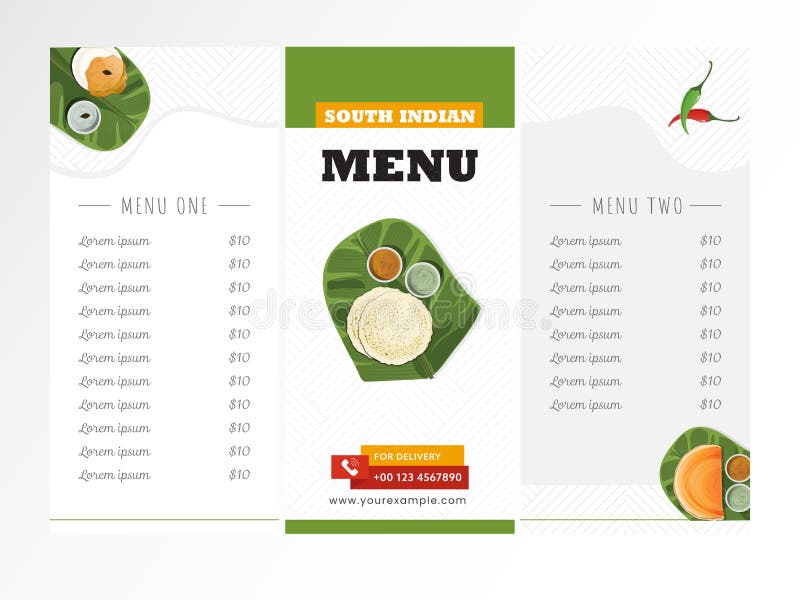South Indian Menu Card Template or Tri-Fold Brochure Layout in White ...