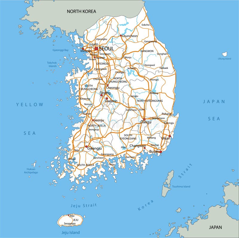 Detailed South Korea Road Map with Labeling. Stock Vector ...