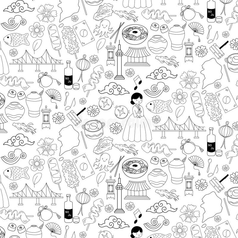 South Korea Doodle Hand Drawn Seamless Pattern Stock Vector - Illustration of south, wallpaper ...