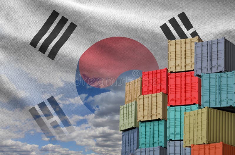 South Korea Flag and Big Stack of Shipping Cargo Containers in Docks ...