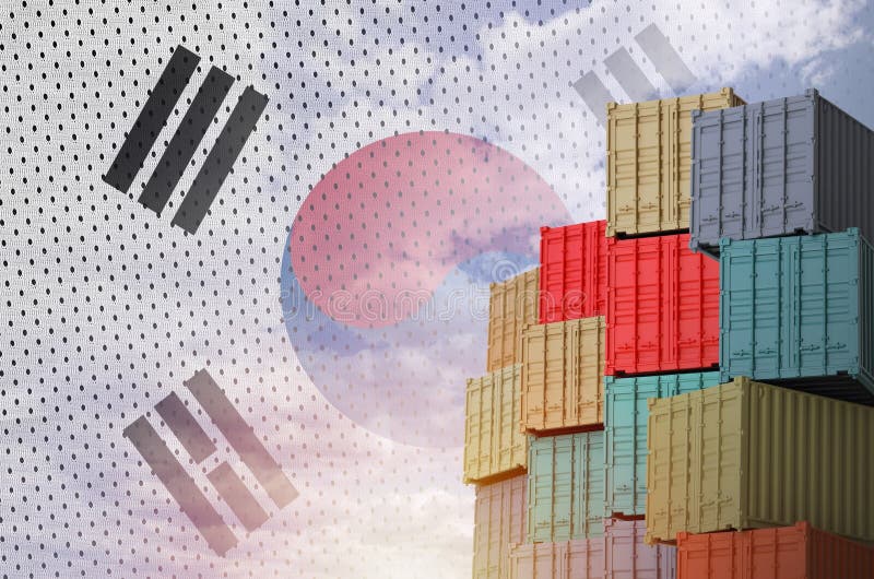 South Korea Flag and Big Stack of Shipping Cargo Containers in Docks ...