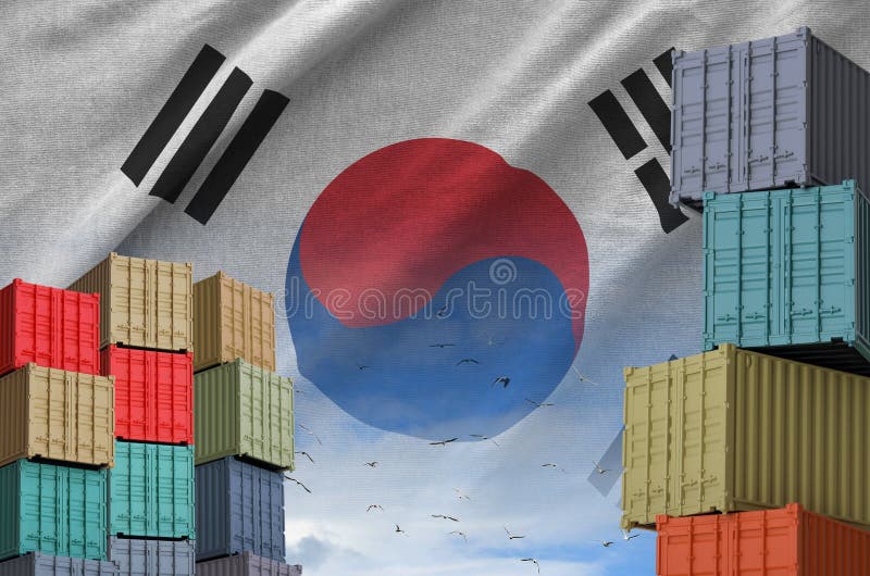South Korea Flag and Big Stack of Shipping Cargo Containers in Docks ...