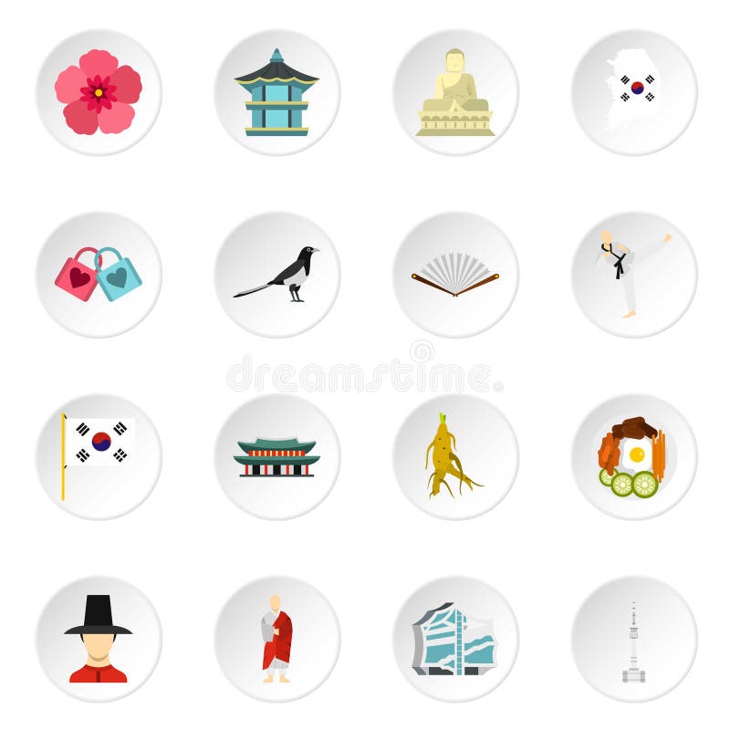 South Korea Icons Set, Flat Style Stock Vector - Illustration of korean ...