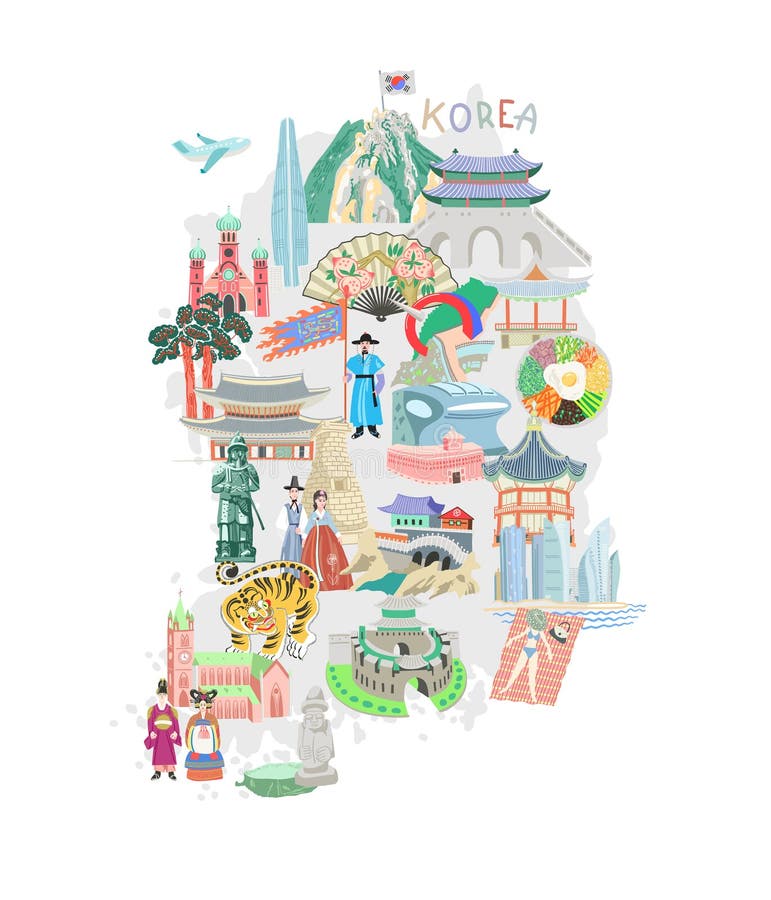 South Korea Map with Iconic Historic and Famous Landmarks Stock Vector ...