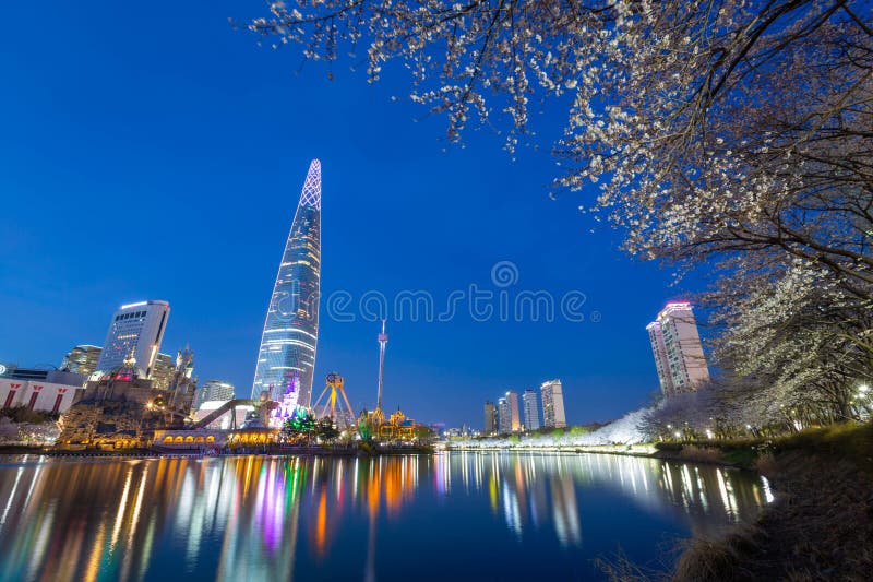 South Korea in Spring at Night and Skyscrapers Seoul South Korea Stock ...