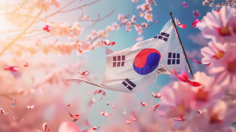 South Korean Flag Waving in the Wind, Surrounded by Blooming Cherry ...
