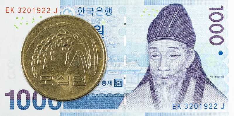 50 South Korean Won Coin Obverse Against 1000 South Korean Won Bank ...