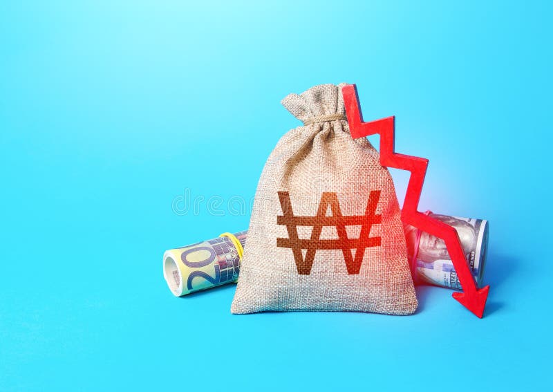 South Korean Won Money Bag and Arrow Down. Drop in Profits. Decrease in ...