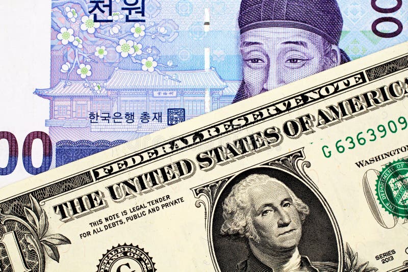 South Korean 1000 Won Note with American One Dollar Bill Stock Image ...
