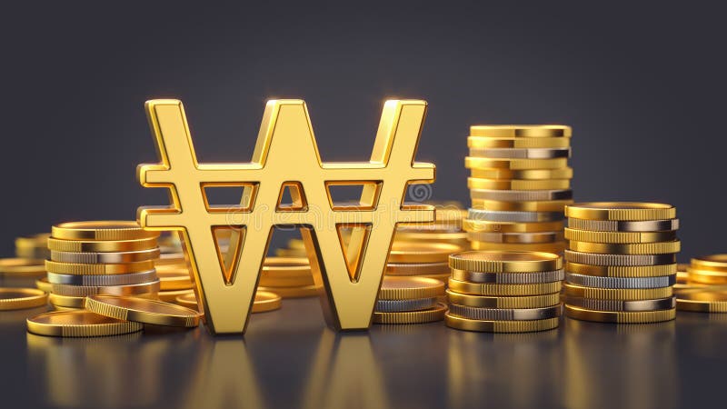 South Korean Won Symbol with Stacks of Coins on a Dark Background Stock ...