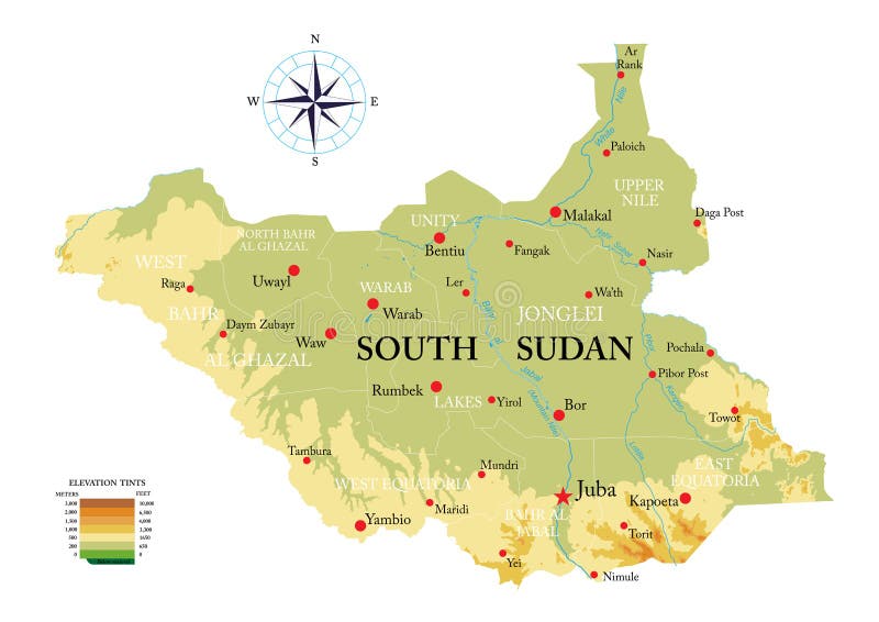South Sudan Highly Detailed Physical Map Stock Vector - Illustration of ...
