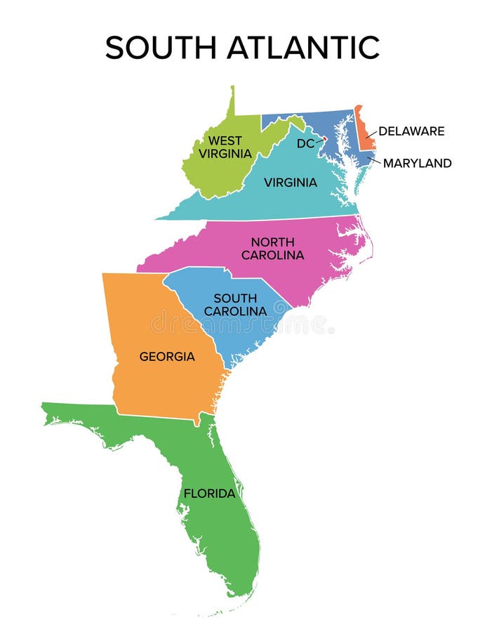 South Atlantic States in the South Region of USA, Multi Colored ...